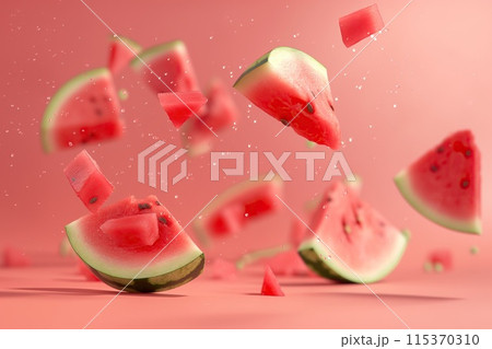 Fresh ripe pieces of watermelon fly on a red...のイラスト素材 [115370310] - PIXTA