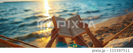 Woman Reading a Book in a Hammock on a Sandy...のイラスト素材 [115397511] - PIXTA