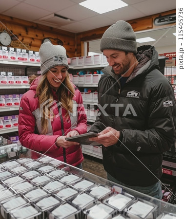 Two customers browsing products in a store, one...のイラスト素材 [115405736 ...