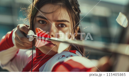 A focused woman confidently holds a bow and...のイラスト素材 [115405865] - PIXTA