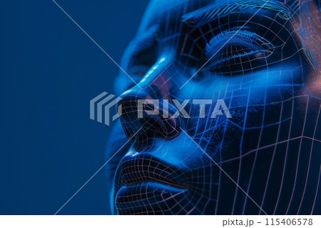 Blue glowing digital wireframe of a human face...のイラスト素材 [115406578 ...
