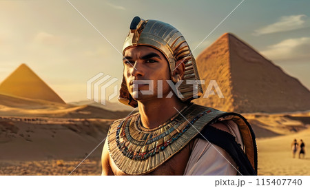 Egyptian pharaoh in summer sunset with pyramids...のイラスト素材 [115407740 ...