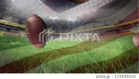 Waving american flag over multiple rugby balls...のイラスト素材 [115430310 ...