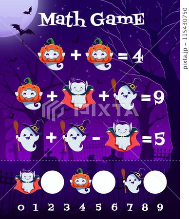 Halloween math game with cute kawaii ghosts on...のイラスト素材 [115430750 ...