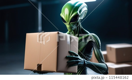 A realistic green alien stands in a dark room,...のイラスト素材 [115448162 ...