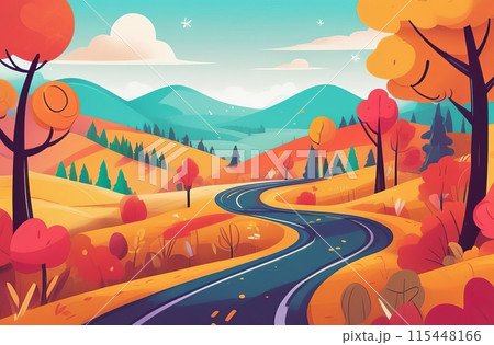 An illustrated road sweeps through a colorful,...のイラスト素材 [115448166 ...