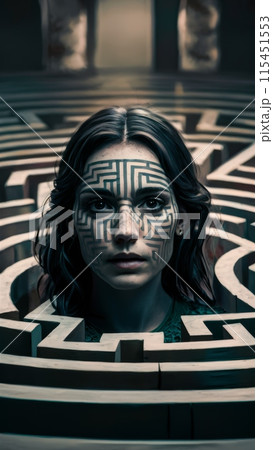 A woman with a maze on her face in front of the...のイラスト素材 [115451553 ...