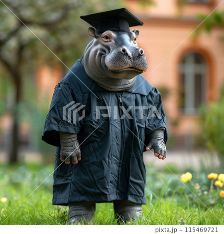 Realistic Hippo wearing dark graduation gown...のイラスト素材 [115469721] - PIXTA