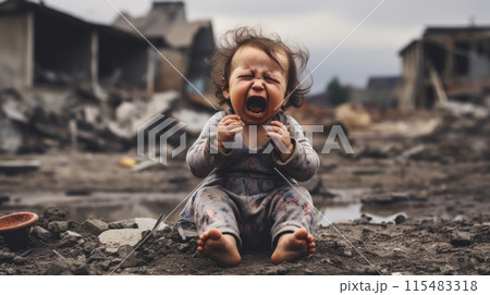 Young girl crying in the ruins of her home...のイラスト素材 [115483318] - PIXTA