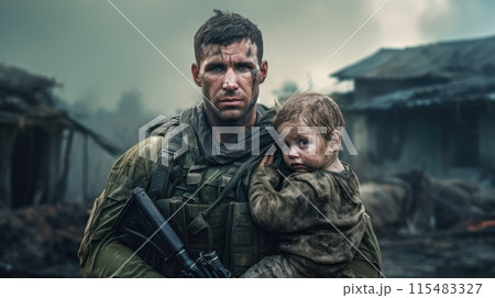 Brave Soldier Rescuing Distressed Child in...のイラスト素材 [115483327] - PIXTA