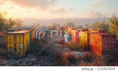 Shipping containers lie scattered, adding an...のイラスト素材 [115497824] - PIXTA