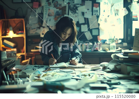 Woman Writing Intensely in Creative Workspaceのイラスト素材 [115520080] - PIXTA