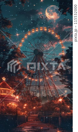 Illuminated Ferris Wheel Under a Starry Night Skyのイラスト素材 [115532000 ...