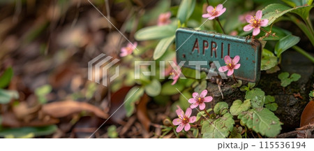 April Sign Among Spring Blossoms. Rustic...のイラスト素材 [115536194] - PIXTA