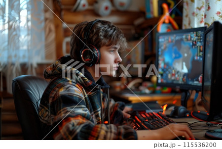 Teen Gamer Focused on Computer Screen. Teenager...のイラスト素材 [115536200 ...