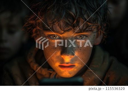 Intensely focused young boy with glowing eyes,...のイラスト素材 [115536320 ...