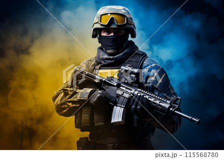 Ukrainian soldier in front of Ukrainian flag...のイラスト素材 [115568780] - PIXTA
