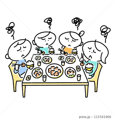 美味しくないご飯を食べる4人家族 まずい 不仲 味音痴のイラスト素材 [115581900] - PIXTA