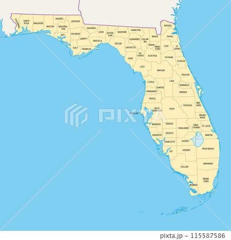 Florida state counties, political map. Florida,...のイラスト素材 [115587586 ...