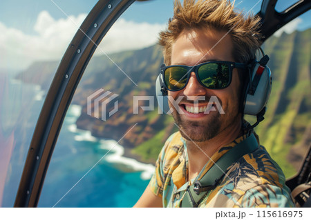 Joyful male pilot with sunglasses flying a...のイラスト素材 [115616975] - PIXTA