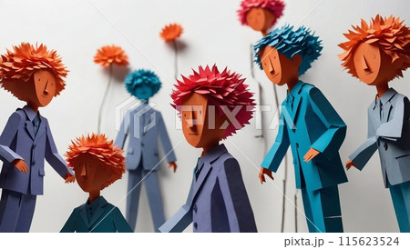 little men cut out of colored paper on a white...のイラスト素材 [115623524 ...