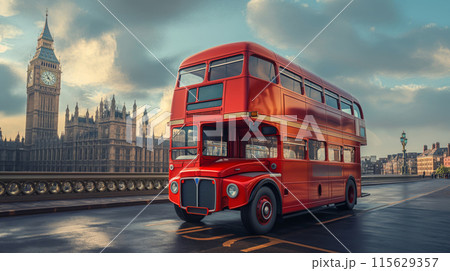 Classic red bus on bridge with the iconic big...のイラスト素材 [115629357] - PIXTA