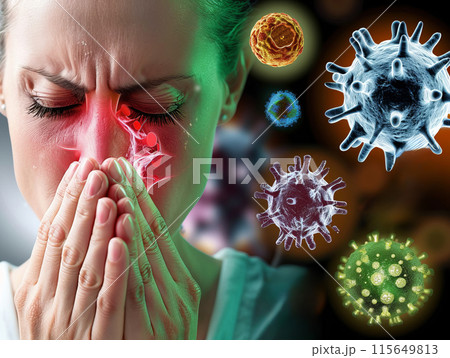 A woman, surrounded by red coronavirus...のイラスト素材 [115649813] - PIXTA