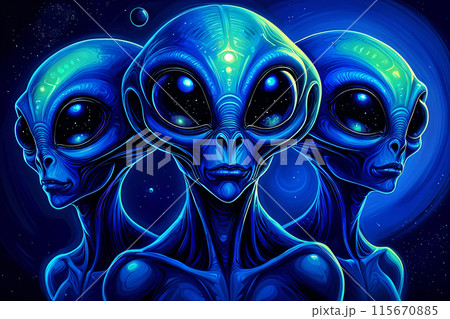 Three aliens with large eyes and blue skin.のイラスト素材 [115670885] - PIXTA