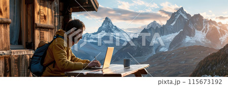 Professional working remotely in mountain areaのイラスト素材 [115673192] - PIXTA