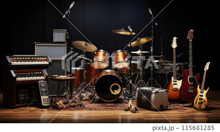 Musical instruments on stage, ready for the gigのイラスト素材 [115681285] - PIXTA