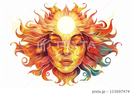 A vibrant, artistic face with sun rays...のイラスト素材 [115697474] - PIXTA