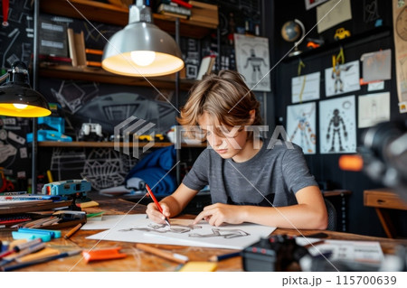 Focused boy drawing in artistic workspace with...のイラスト素材 [115700639 ...