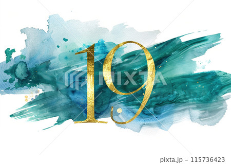 Golden painted number nineteen, blue watercolor...のイラスト素材 [115736423 ...