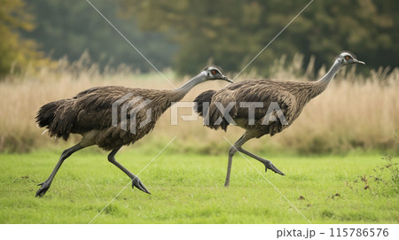 Two emus walking through the grassland.のイラスト素材 [115786576] - PIXTA