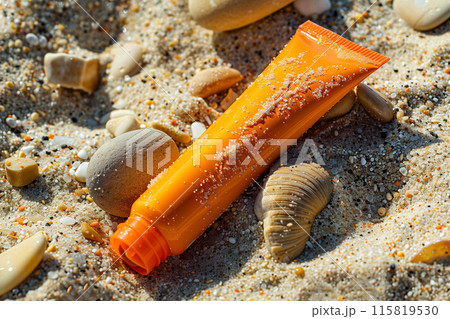 Orange Sunscreen Tube Buried in Beach Sandのイラスト素材 [115819530] - PIXTA