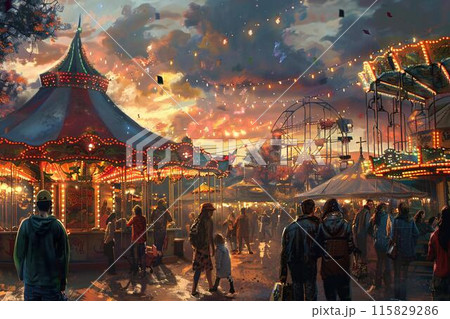 An enchanting evening scene at a bustling...のイラスト素材 [115829286] - PIXTA