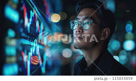 A financial analyst monitors stock quotes in...のイラスト素材 [115833059] - PIXTA