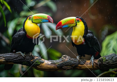 Two Colorful Toucans Perched on a Branch in a...のイラスト素材 [115850613] - PIXTA