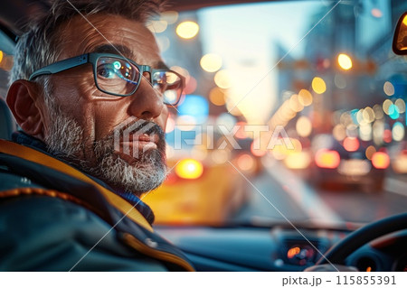 Older Man Driving in Busy City Street at Night...のイラスト素材 [115855391 ...