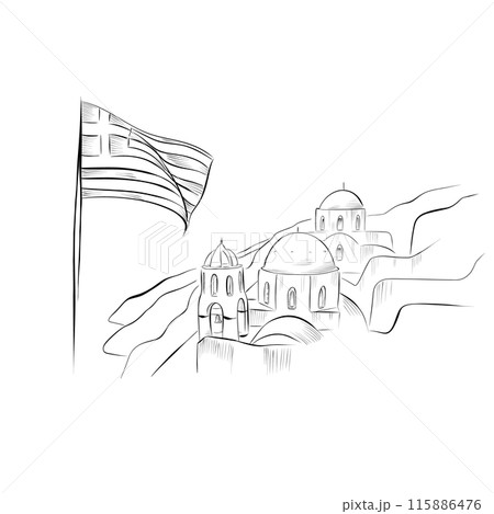 drawing lines. line art landscape of Greece,...のイラスト素材 [115886476] - PIXTA