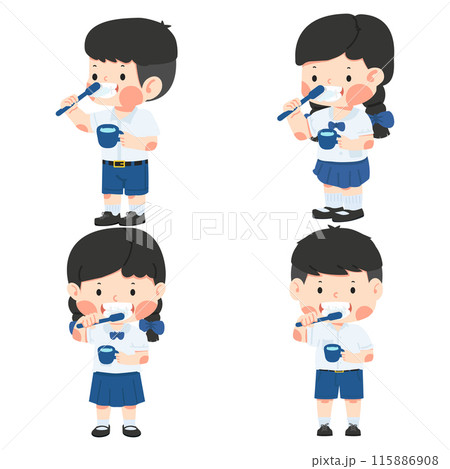 Set of cartoons showing a boy and girl brushing...のイラスト素材 [115886908 ...