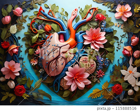 Various flowers, leaves, real heart organs.のイラスト素材 [115888516] - PIXTA