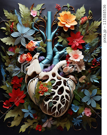 Various flowers, leaves, real heart organs.のイラスト素材 [115888536] - PIXTA