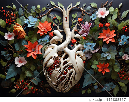 Various flowers, leaves, real heart organs.のイラスト素材 [115888537] - PIXTA