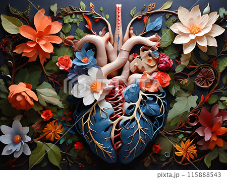Various flowers, leaves, real heart organs.のイラスト素材 [115888543] - PIXTA