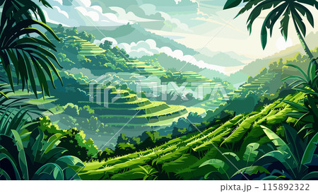 Cartoon terraced farming on hillsides against a...のイラスト素材 [115892322 ...