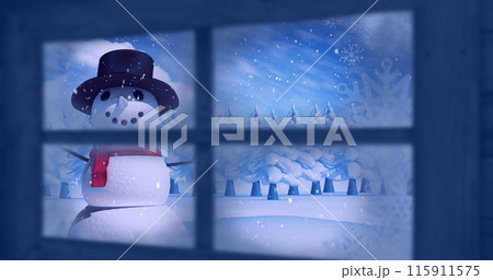 Image of shooting star and window over snowman...のイラスト素材 [115911575 ...