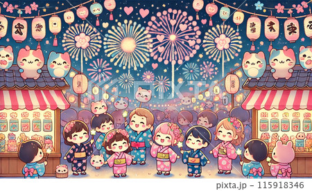 Here's a cute illustration of the fireworks festivのイラスト素材 [115918346 ...