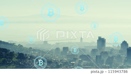Image of bitcoin icons floating over aerial...のイラスト素材 [115943786] - PIXTA