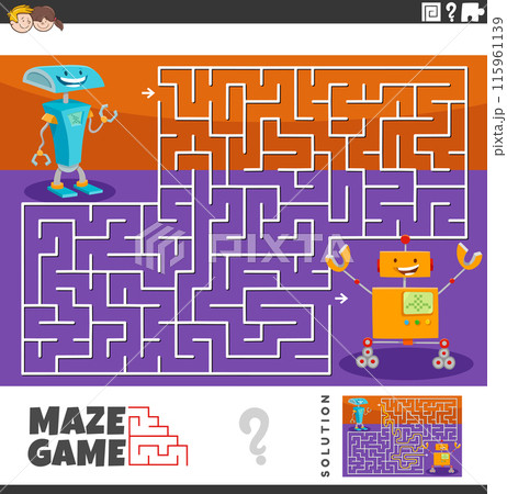 maze activity game with cartoon robots charactersのイラスト素材 [115961139 ...